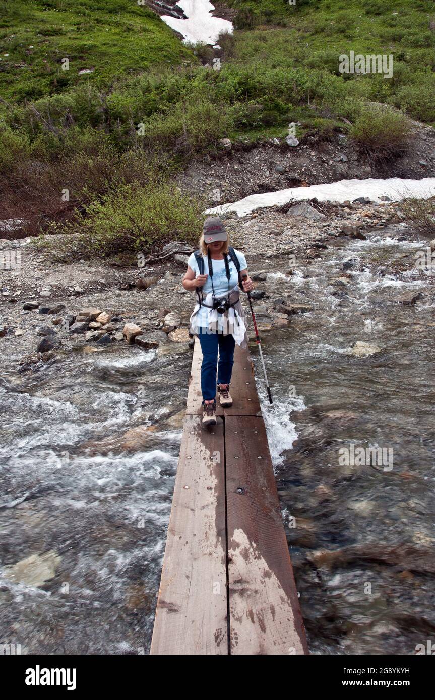 Young woman hiker crossing log footbridge hi-res stock photography and ...