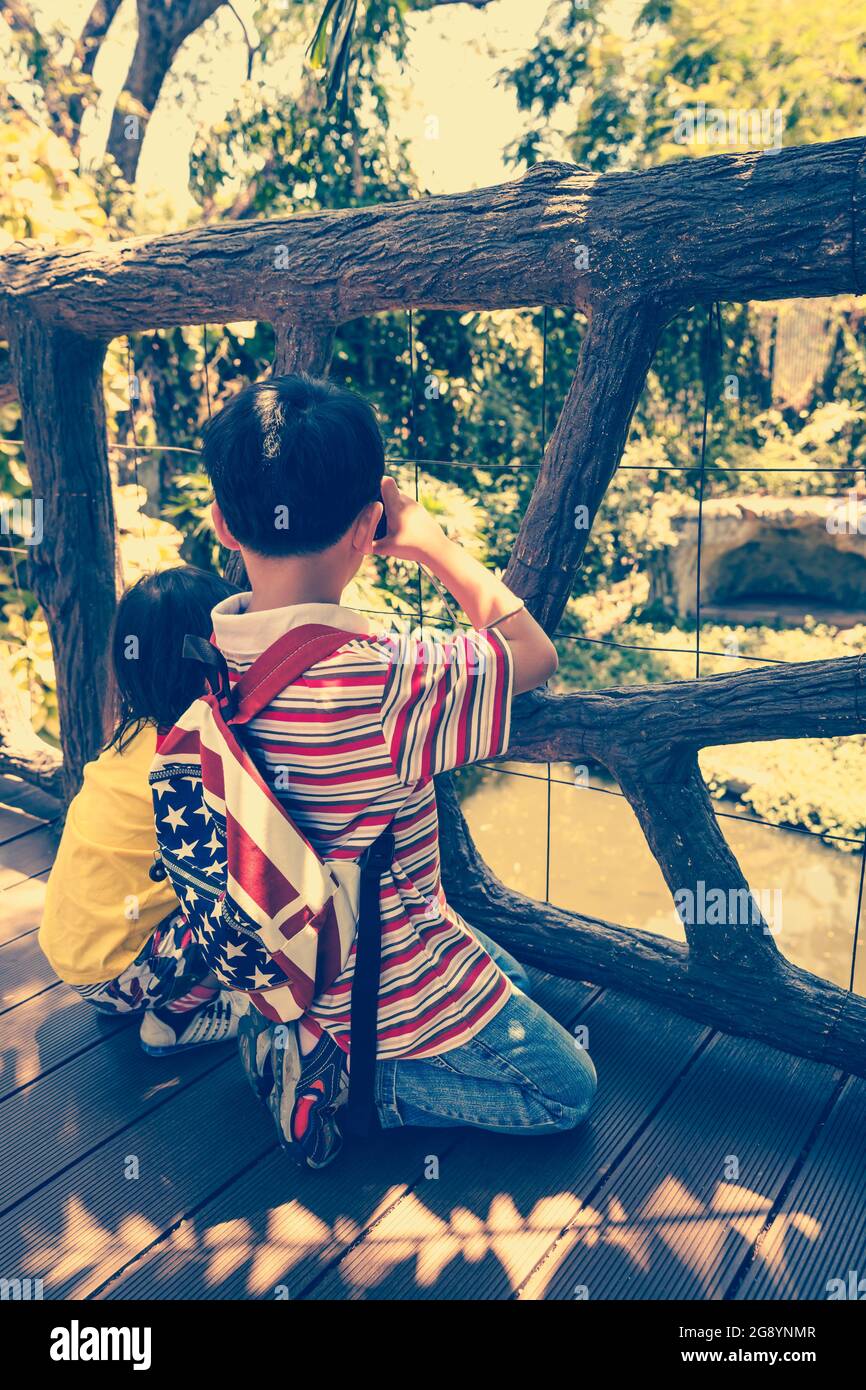 Back view. Portrait of brother and sister photographing outdoors using ...