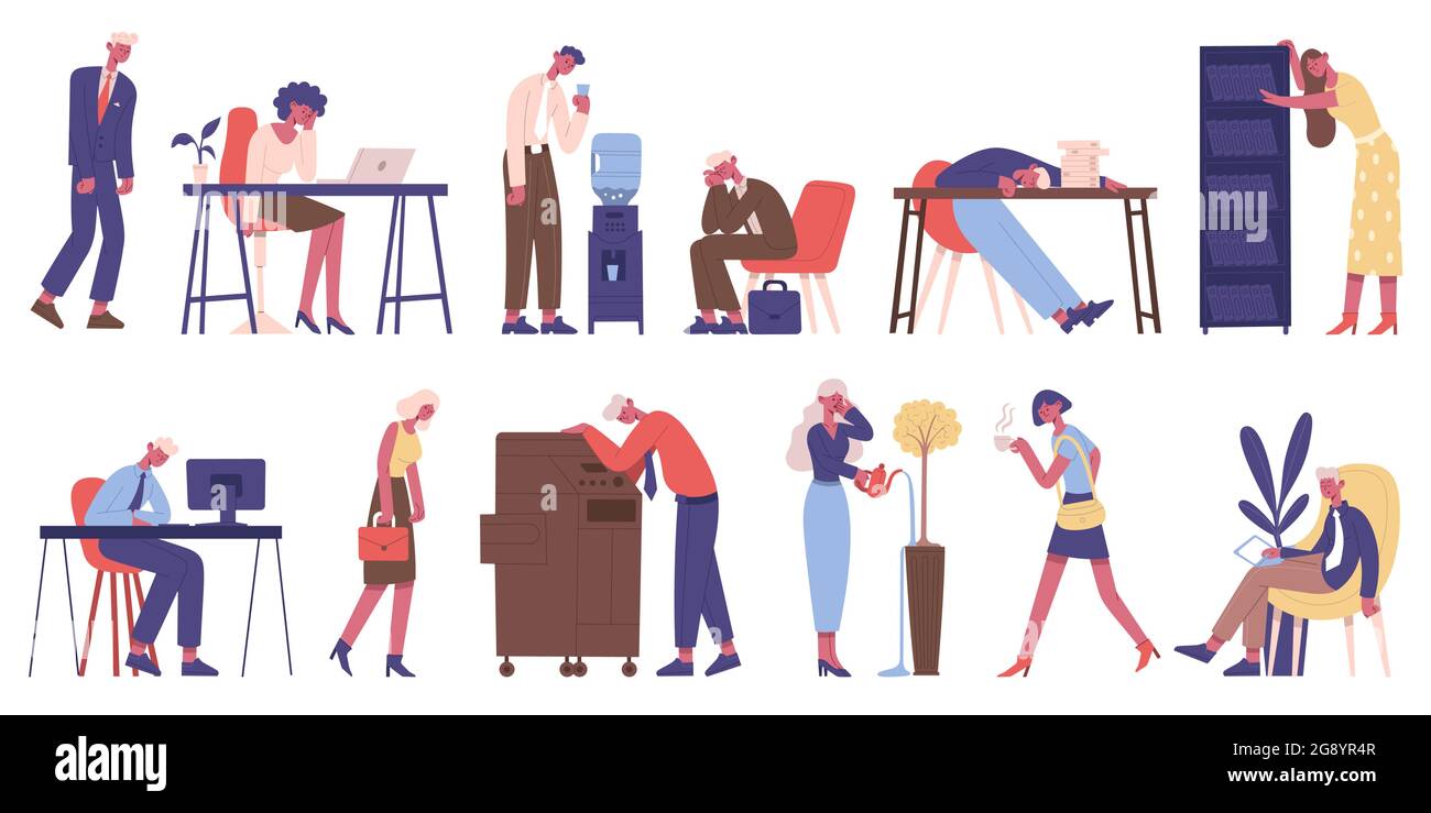 Exhausted business characters. Tired male and female business people ...