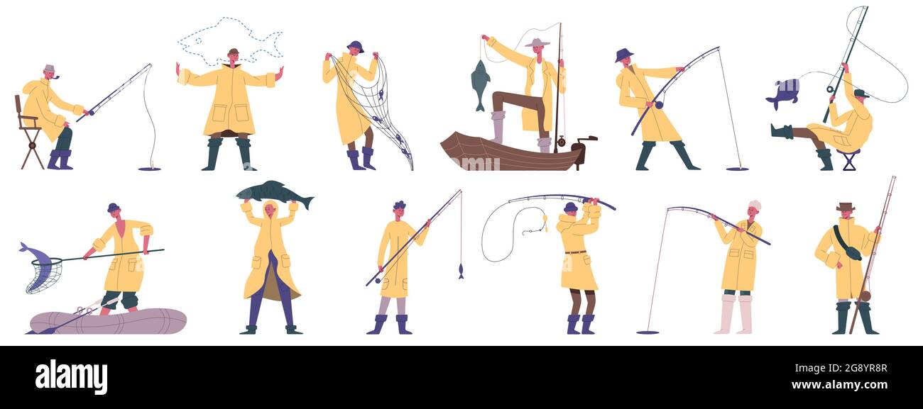 Fishing people. Outdoor fishing sport, hobby recreation, boat or shore ...