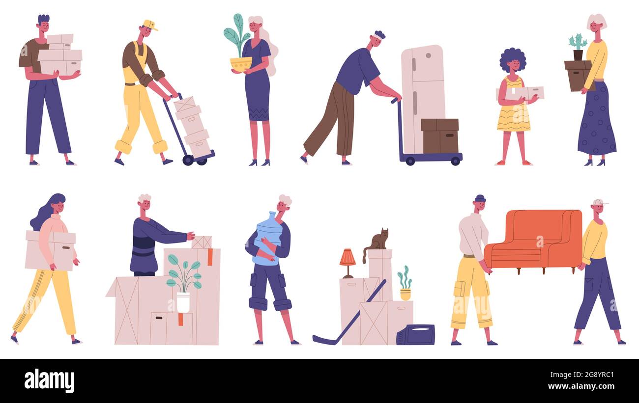 Moving out people. Family moving new house, characters carrying boxes ...