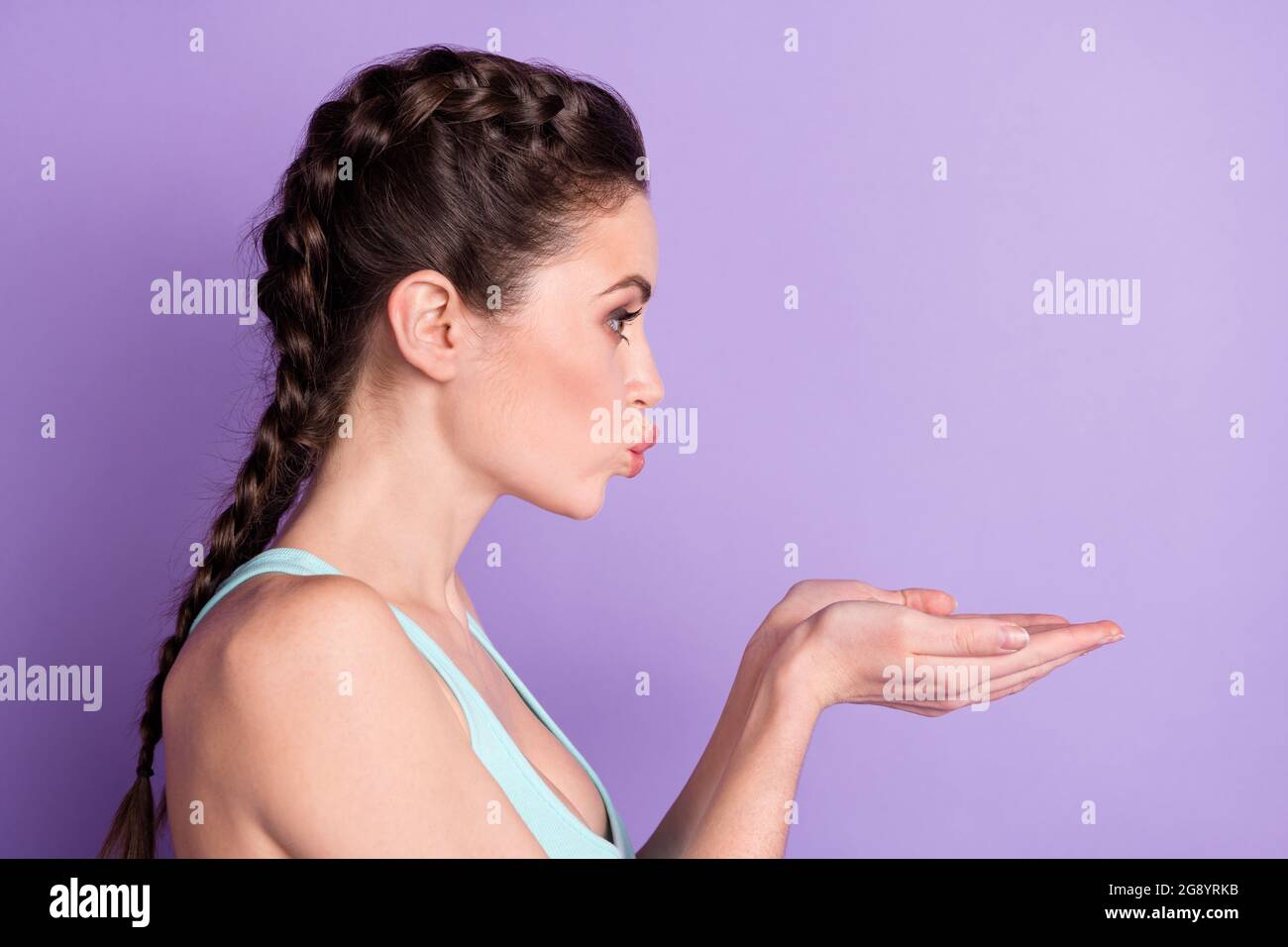 Profile Side View Portrait Of Attractive Amorous Girl Sending Air Kiss
