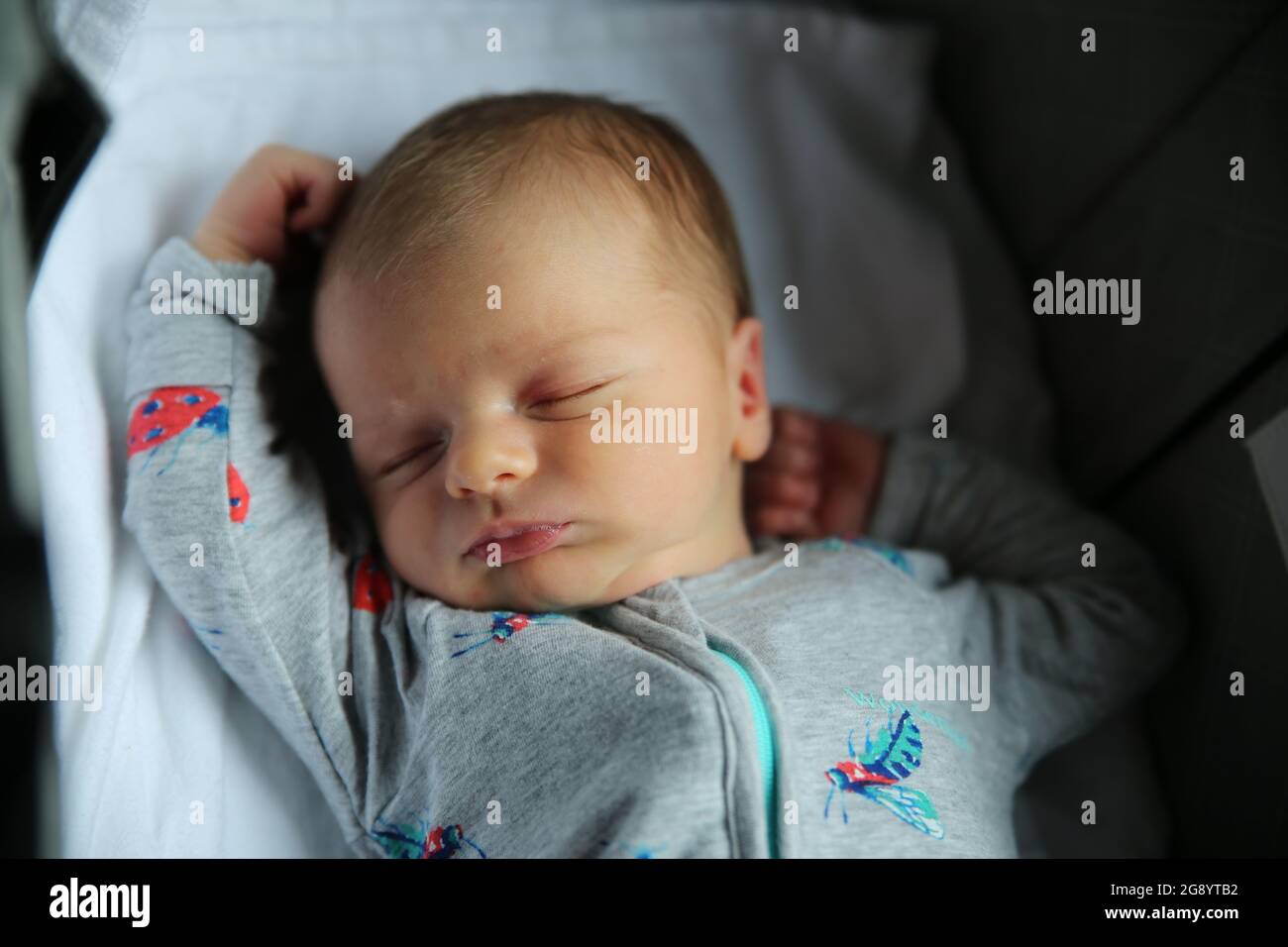 Adorable newborn Australian kid sleeping in a bed in the house Stock ...