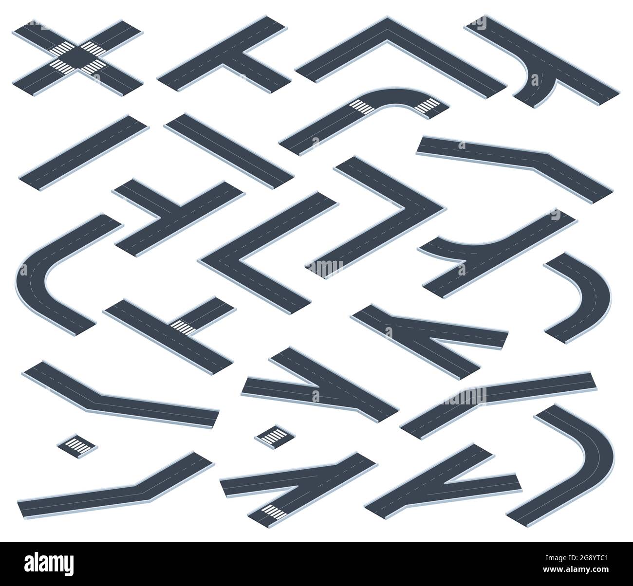 Isometric roads. Highway or city street road map elements, 3d road intersections and turns with ...