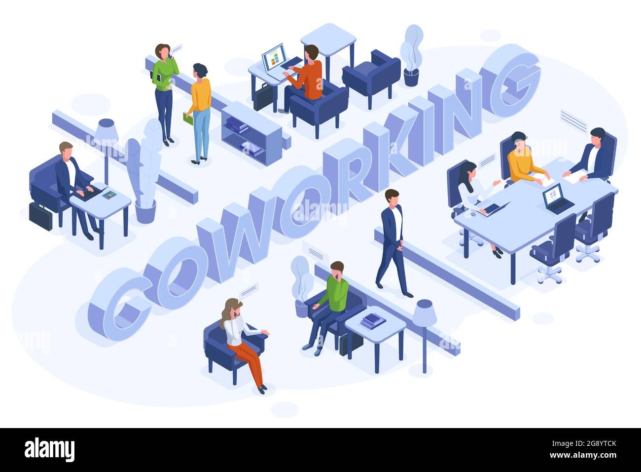 Isometric coworking concept. Freelance business people work in open ... Isometric coworking concept. Freelance business people work in open ...