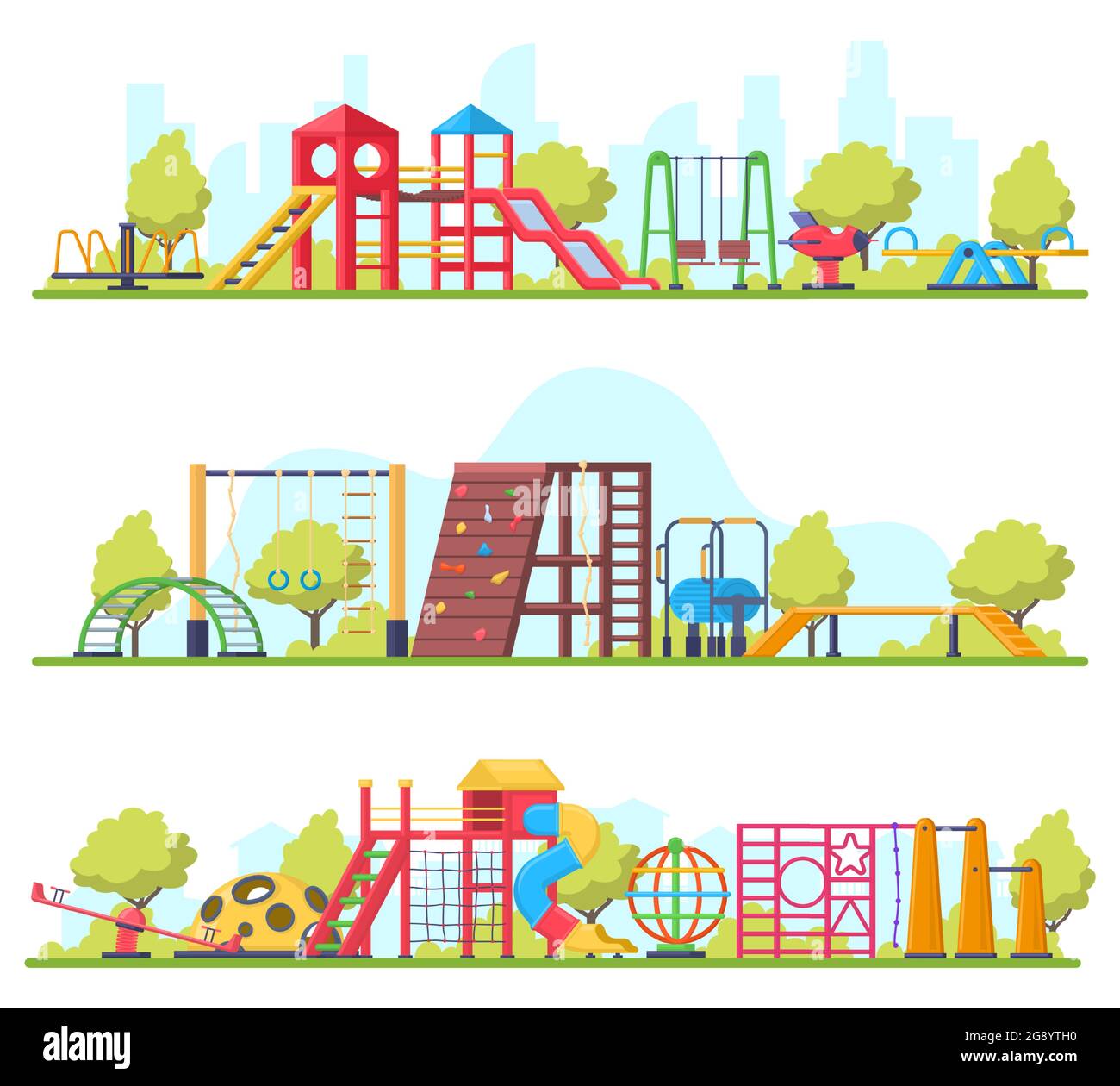 Kids outdoor fun recreation park or playground banners. Swing, slide ...