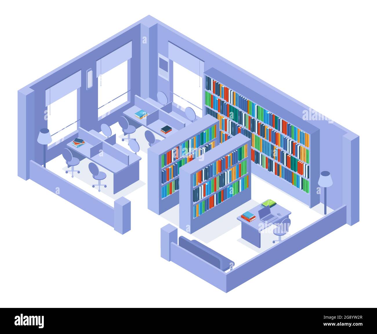 School or university isometric library bookshelves and bookcases ...