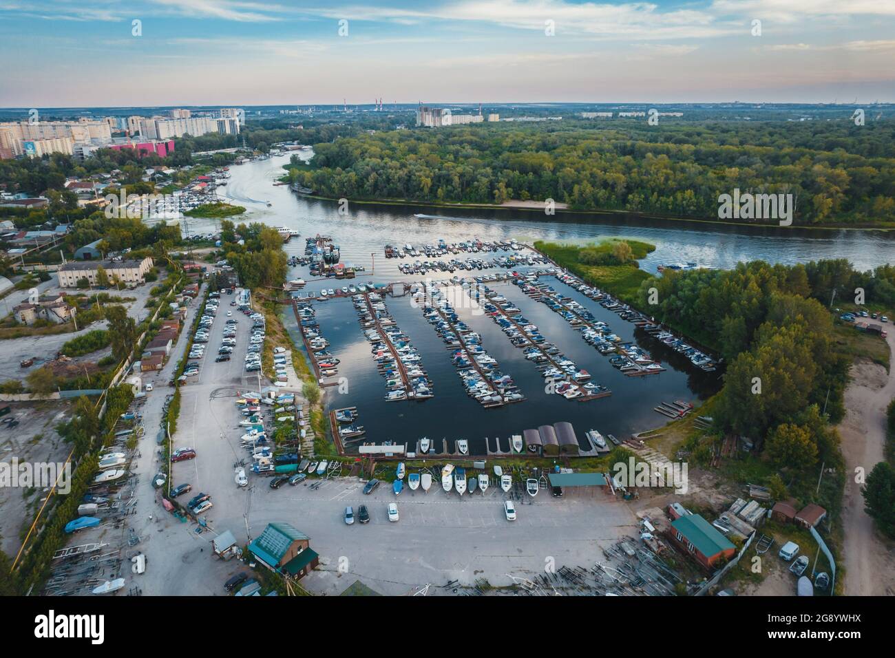 Commercial motor boat parking, small river port or boat station Stock ...