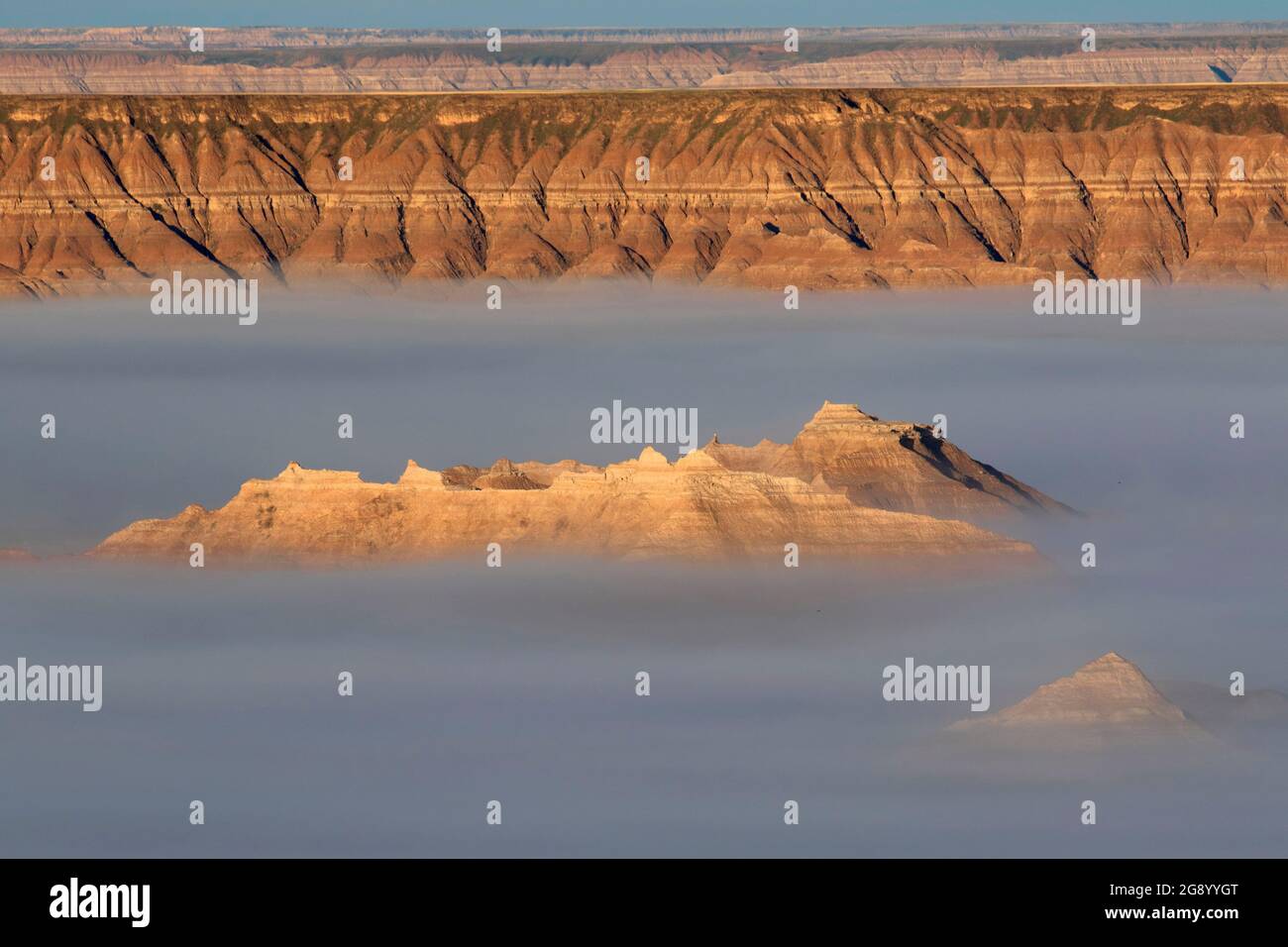 Badlands with fog from Hay Butte Lookout, Badlands National Park, South ...