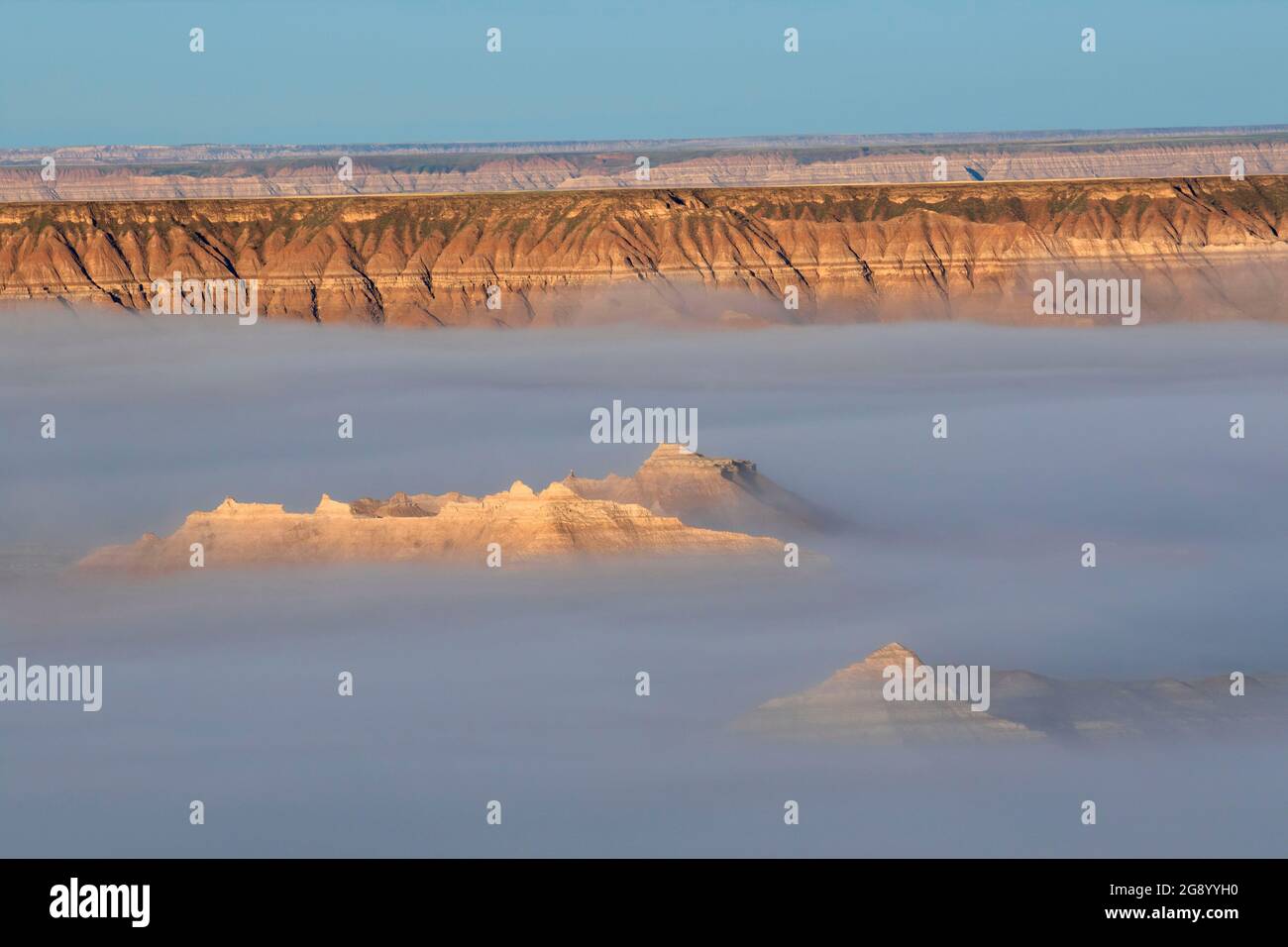 Badlands with fog from Hay Butte Lookout, Badlands National Park, South ...