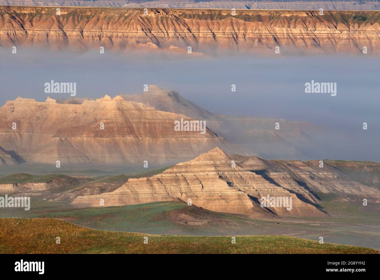 Badlands with fog from Hay Butte Lookout, Badlands National Park, South ...