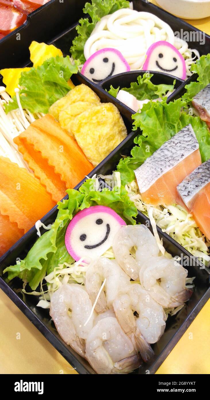 Set of fresh fish shrimp pork and mixed vegetable Stock Photo - Alamy