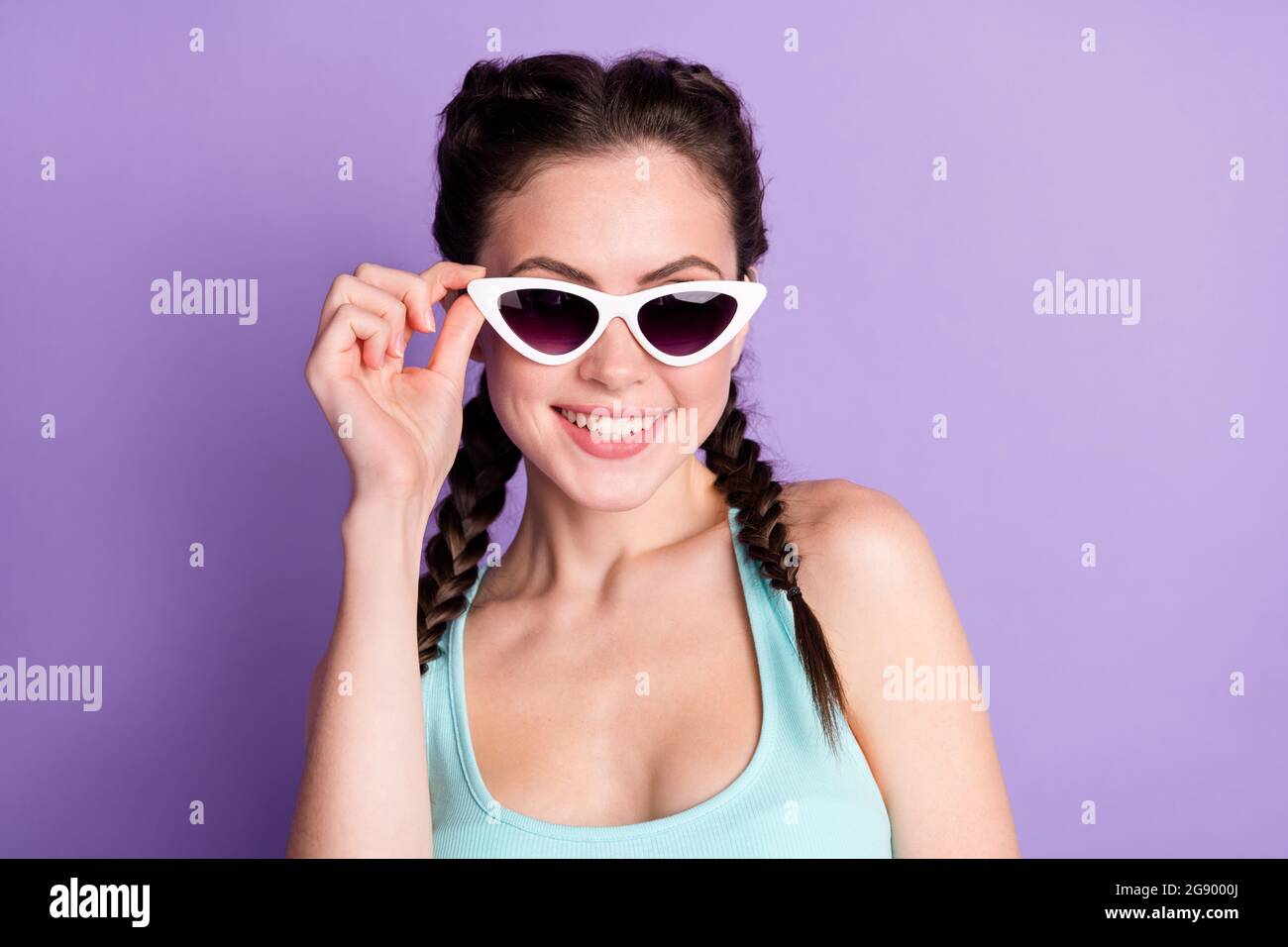 Photo of cool optimistic brown hair lady touch spectacles wear blue top ...