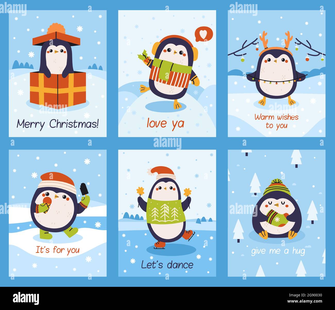 Cute penguin cards. Xmas penguin mascots posters, winter holidays ...