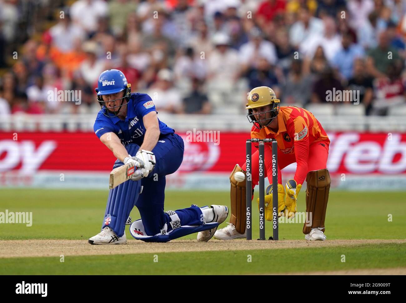 London Spirit's Zak Crawley (left) batting during The Hundred match at ...