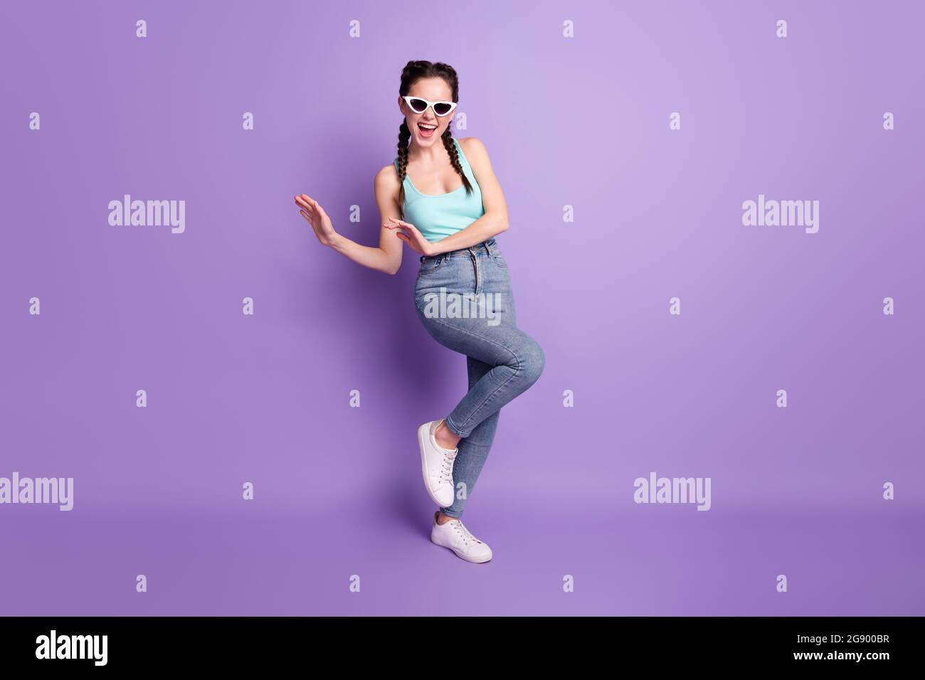 Full length body size view of attractive cheerful ecstatic girl dancing ...