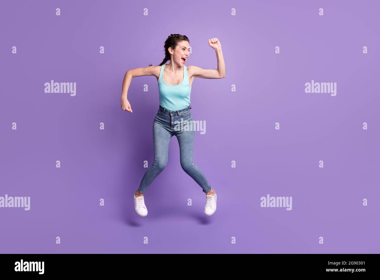 Full length body size view of pretty cheerful comic girl jumping ...