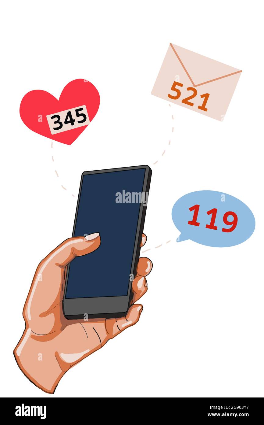 Hand holding mobile phone drawing line.Post,massege,heart emotion Stock ...