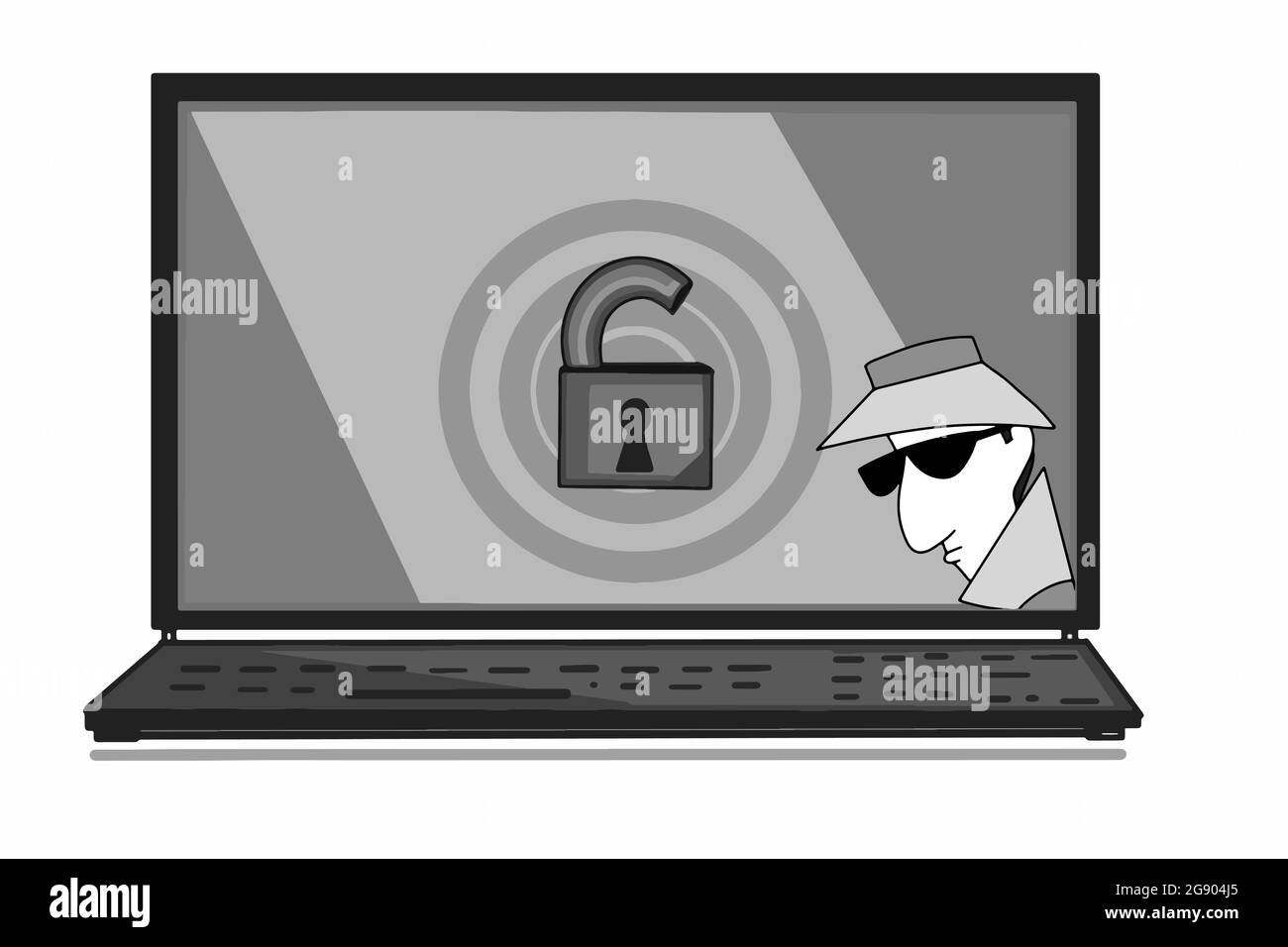 Unlock security , key ,spy thief on laptop screen illustration drawing ...