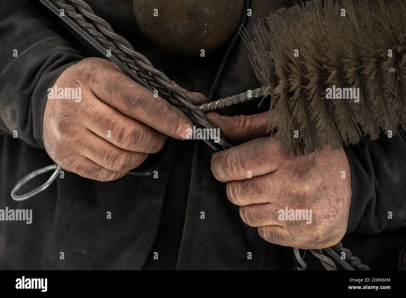 Male chimney sweep holding work tools Stock Photo - Alamy