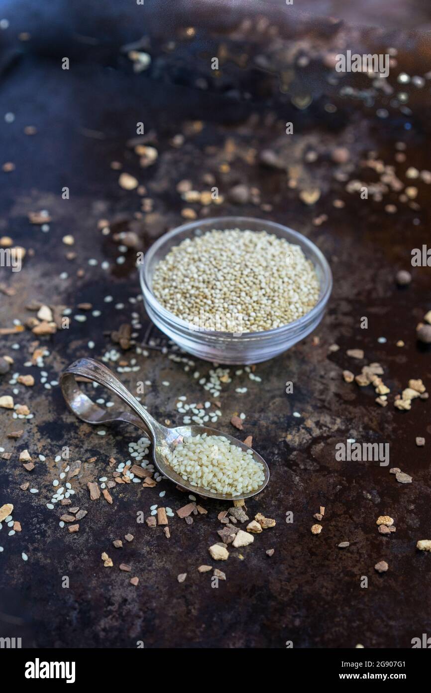 Spoon and bowl of white legumes Stock Photo - Alamy