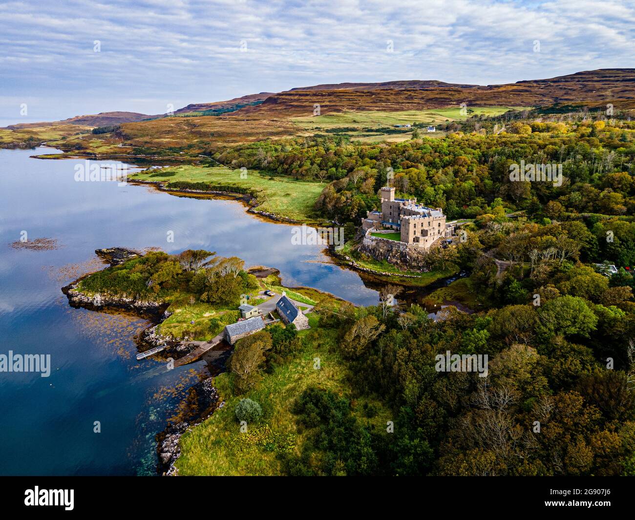 UK, Scotland, Dunvegan, Aerial view of Dunvegan Castle and surrounding ...
