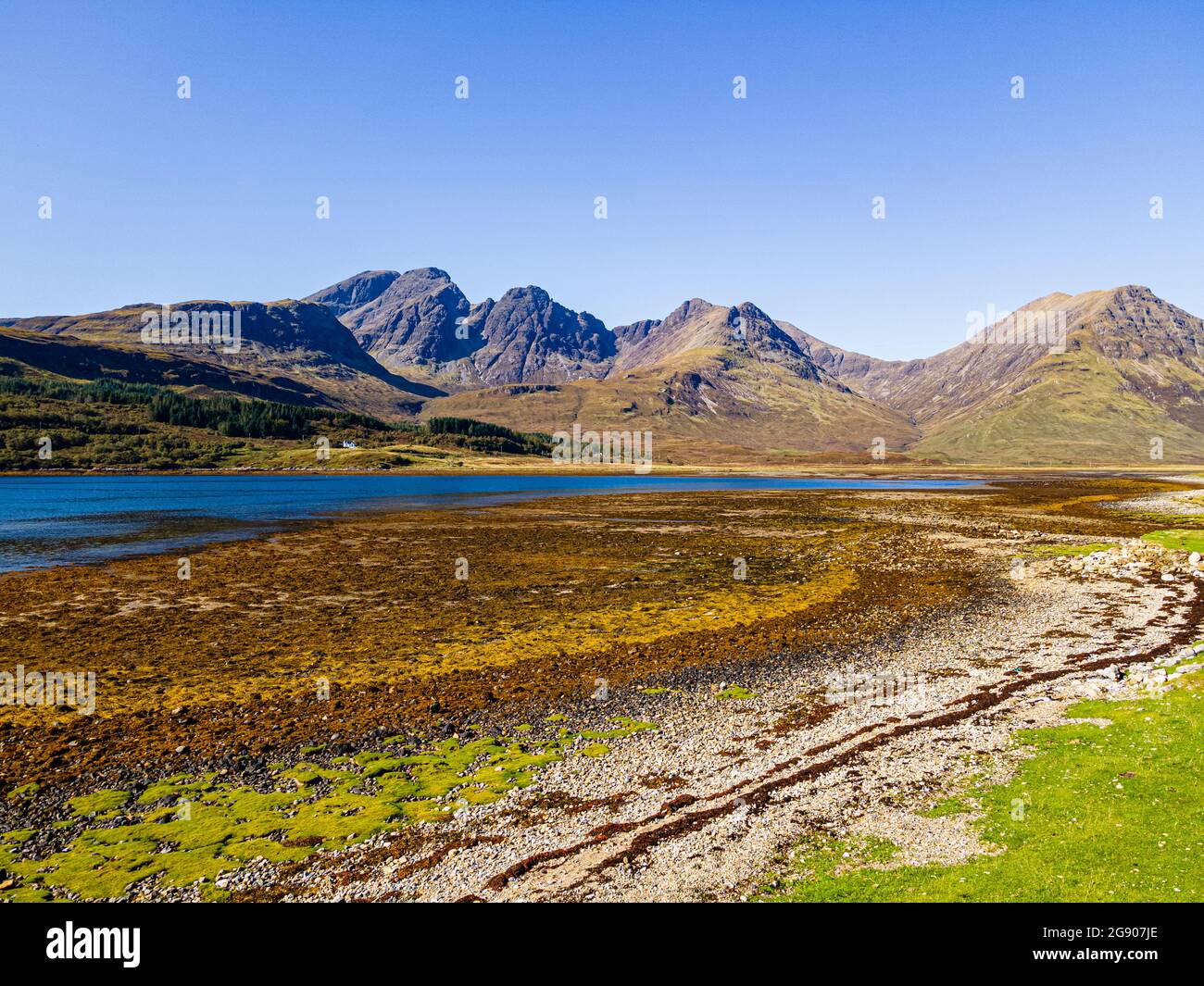 UK, Scotland, Elgol, Aerial view of shore of Loch Scavaig with Black ...