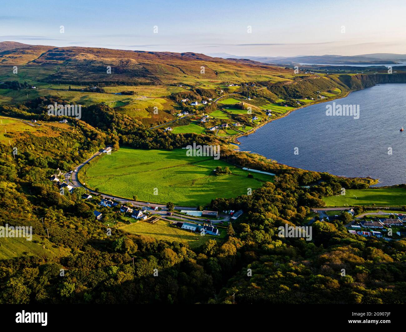 UK, Scotland, Aerial view of village on shore of Uig Bay Stock Photo ...