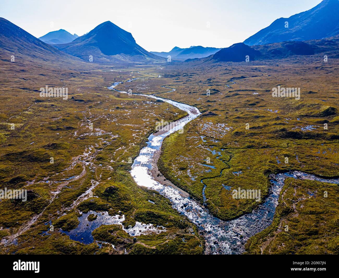 Aerial view river winding across black cuillin range moor hi-res stock ...