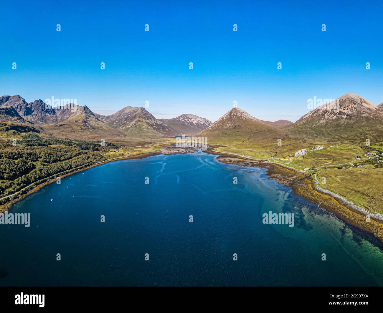 UK, Scotland, Elgol, Aerial view of Loch Scavaig with Black Cuillin ...