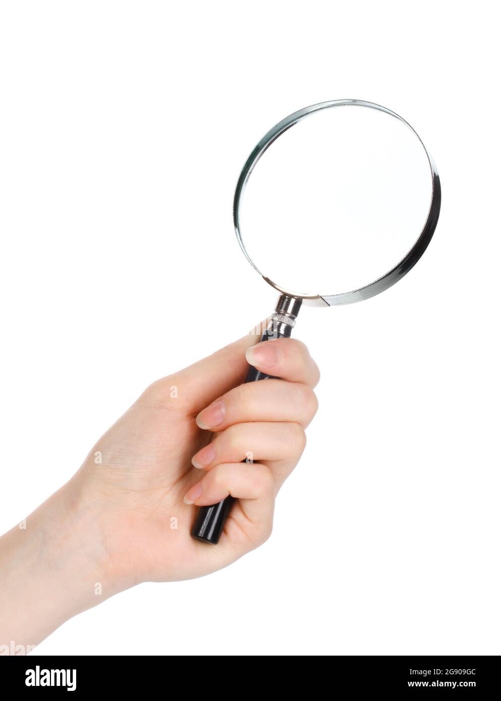 Magnifying glass in hand isolated on white Stock Photo - Alamy