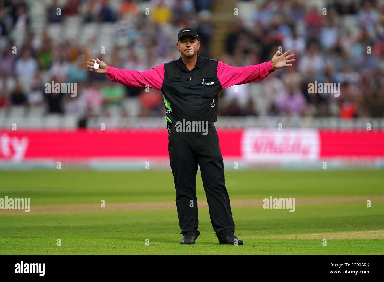 The umpire signals wide during The Hundred match at Edgbaston ...