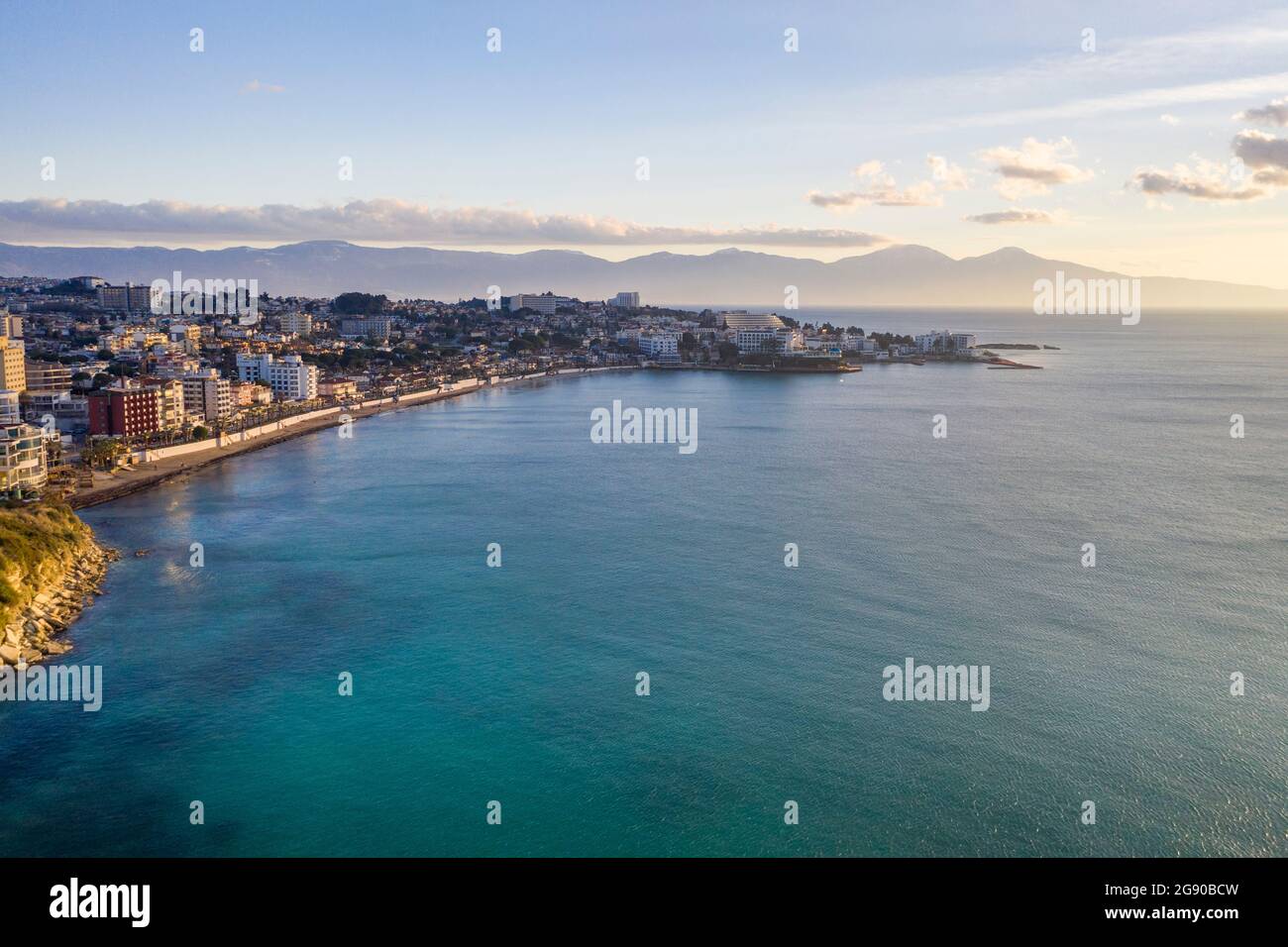 Aerial view coastal town summer mountains distant background hi-res ...
