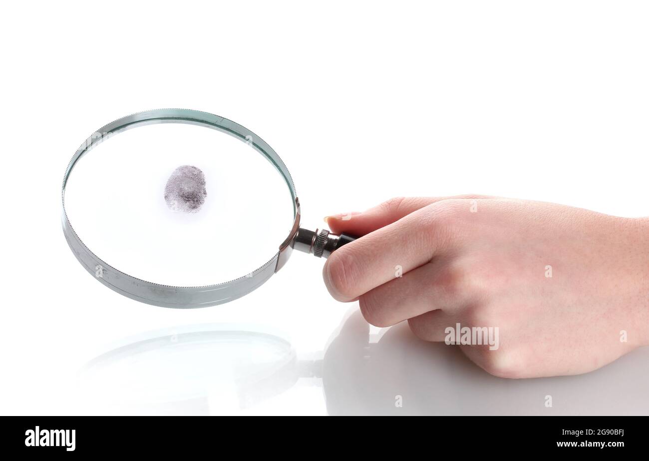 Magnifying glass in hand and fingerprint isolated on white Stock Photo ...