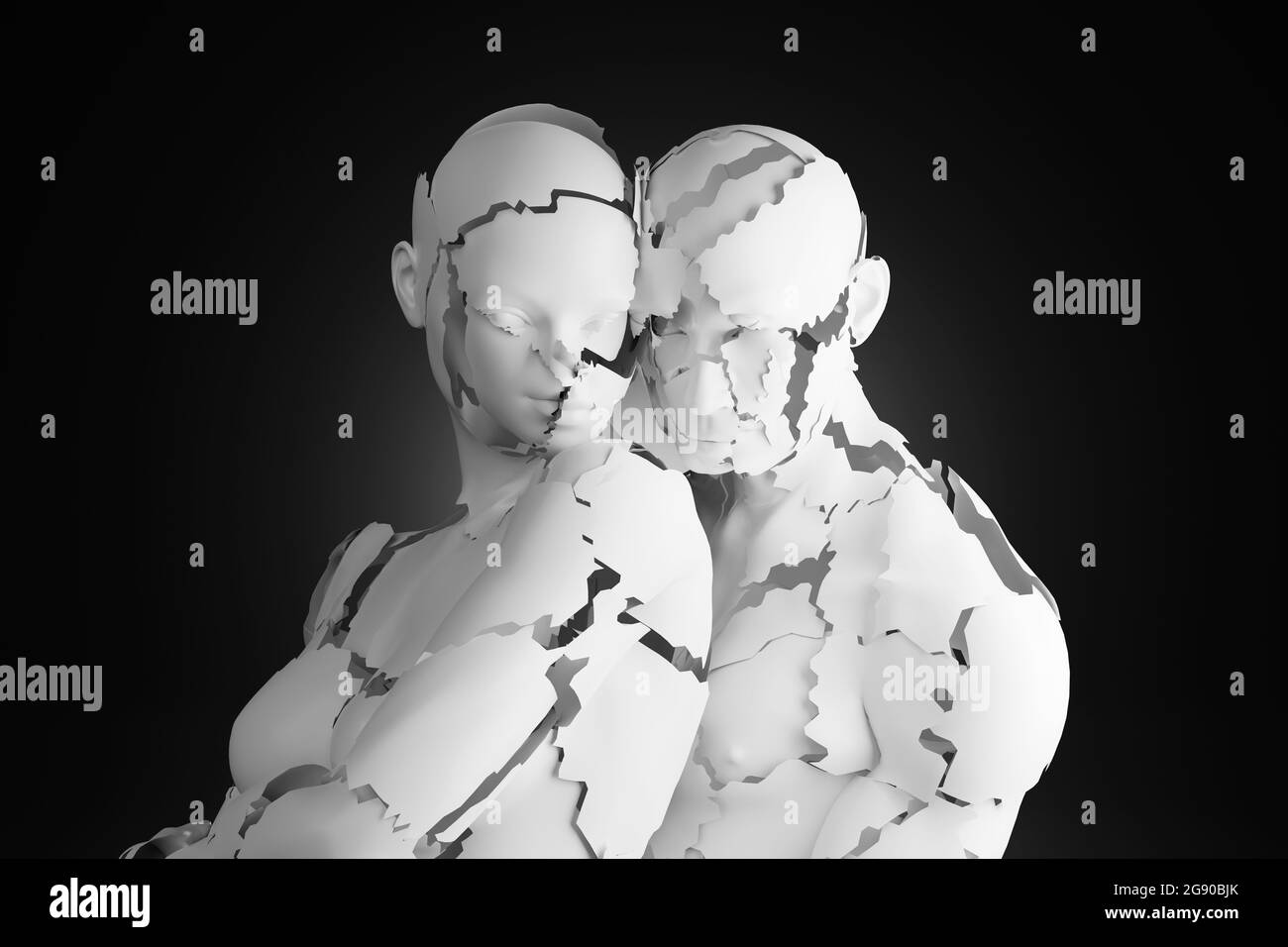 Three dimensional render of fractured man and woman standing together ...