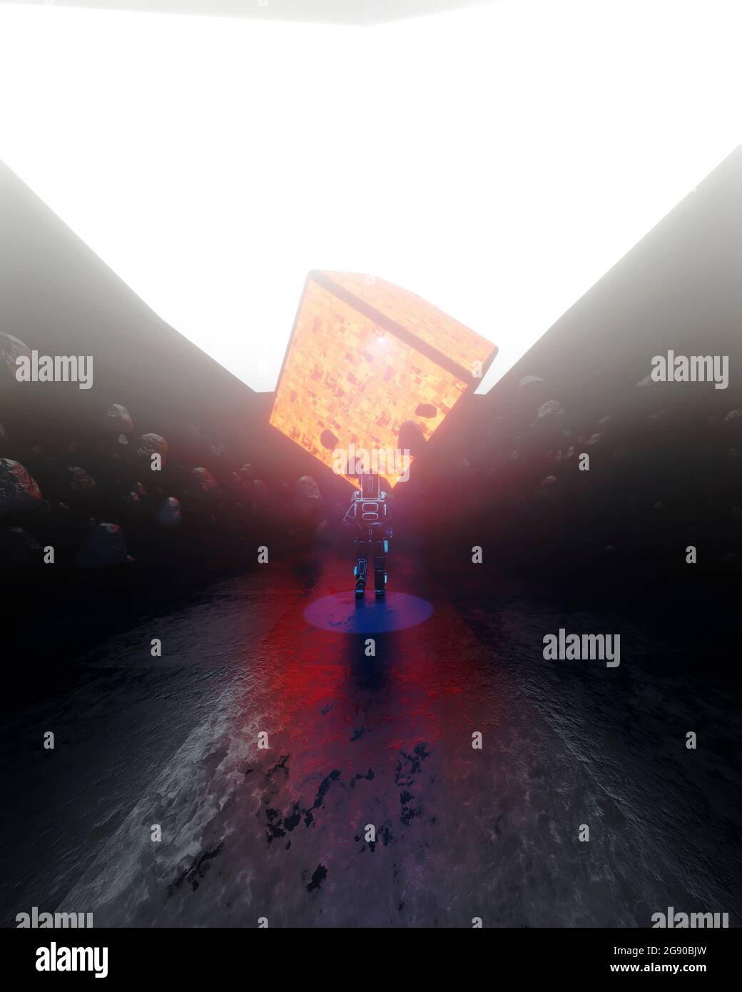 Three dimensional render of astronaut walking toward large mysterious ...