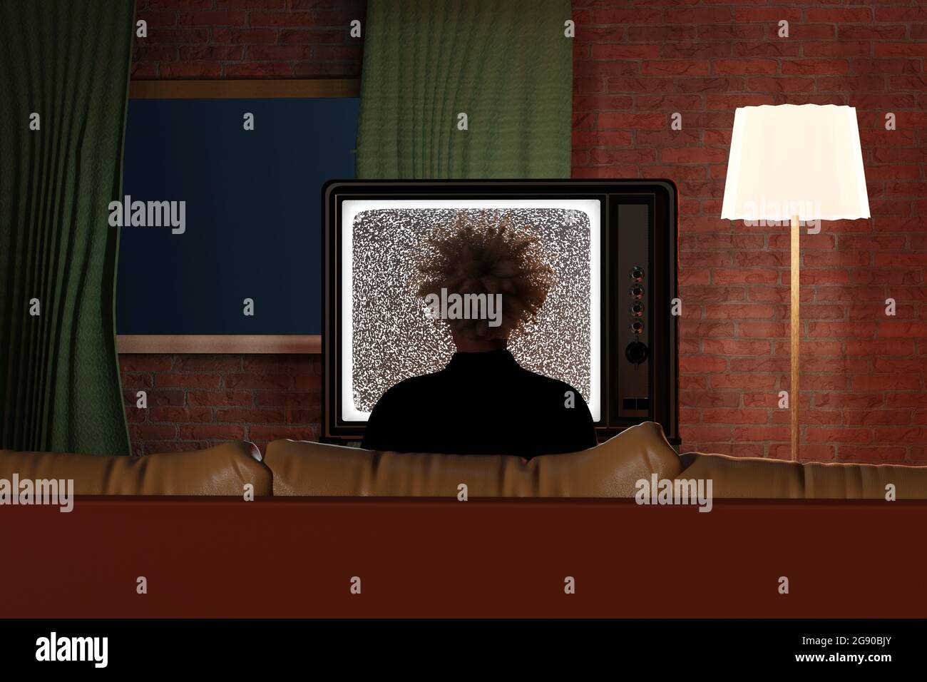 Three dimensional render of woman sitting in living room at night and ...