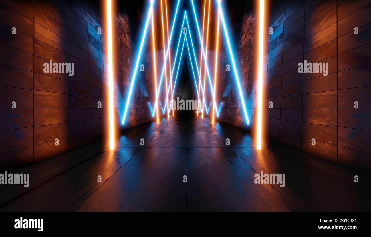 Three dimensional render of dark corridor illuminated with orange and ...