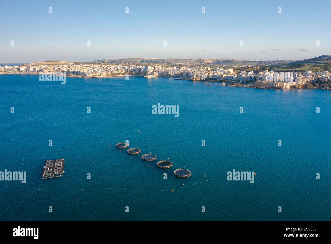 Malta, Northern District, Saint Pauls Bay, Aerial view of fish farm ...