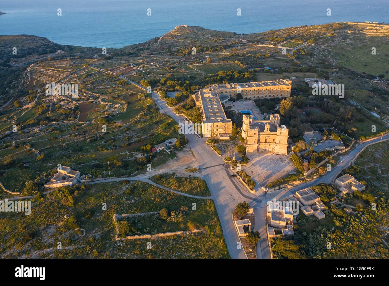 Malta, Northern District, Selmun, Aerial view of Selmun Palace at dusk ...