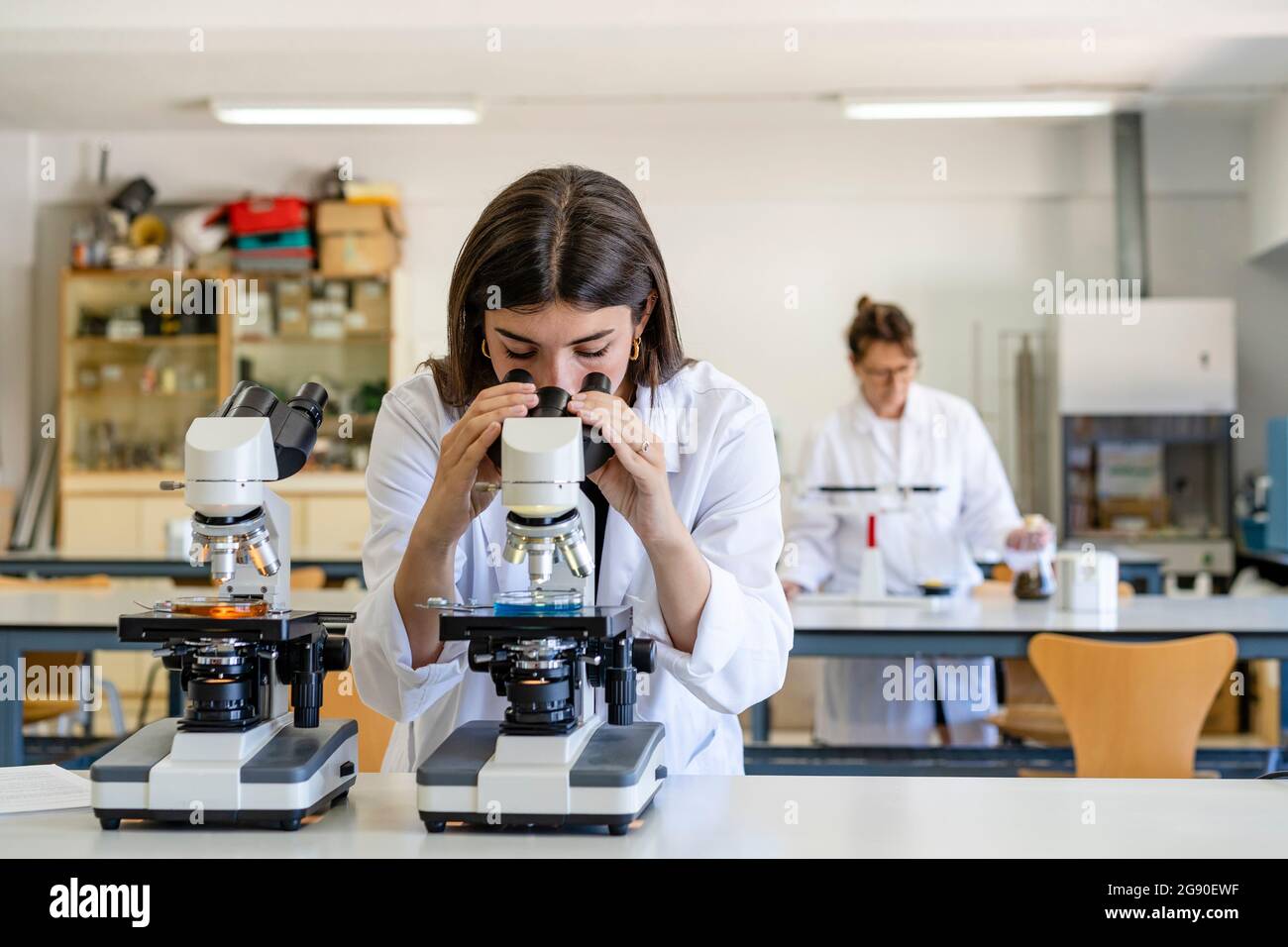 Female scientist looking through microscope at laboratory Stock Photo ...