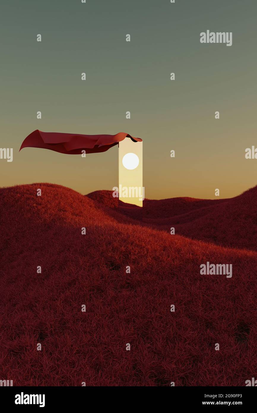 Setting sun reflecting in mirror standing amid brown grassy hills Stock ...