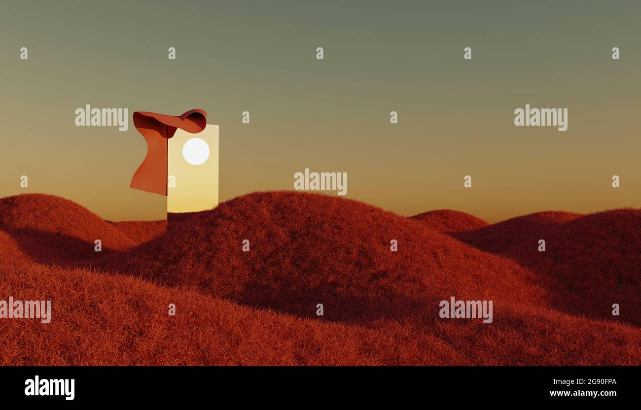 Setting sun reflecting in mirror standing amid brown grassy hills Stock ...