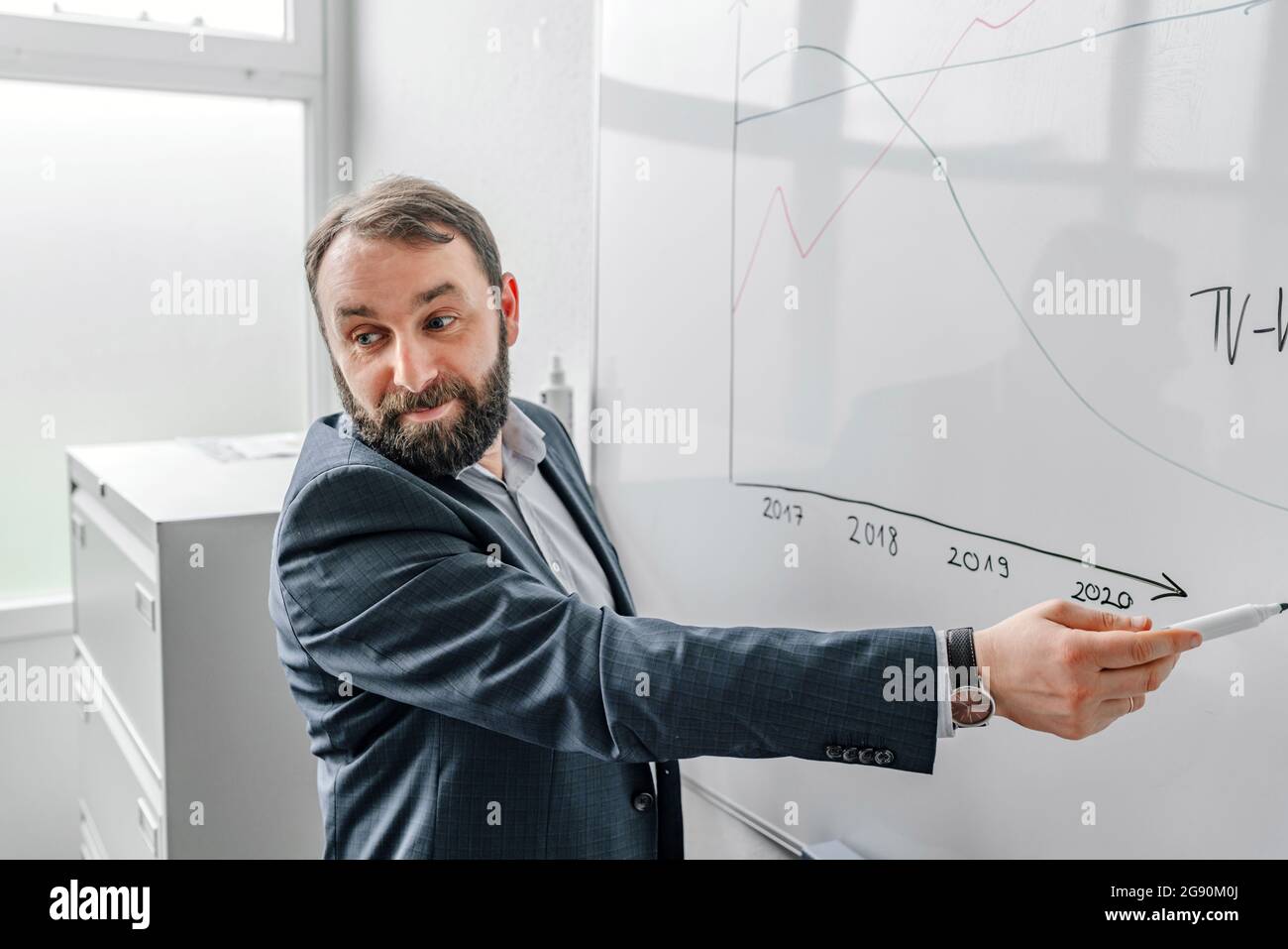 Businessman explaining graph on whiteboard in office Stock Photo - Alamy