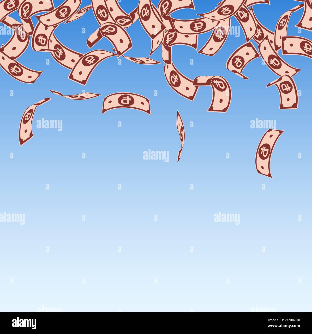 Russian ruble notes falling. Floating RUB bills on blue sky background ...