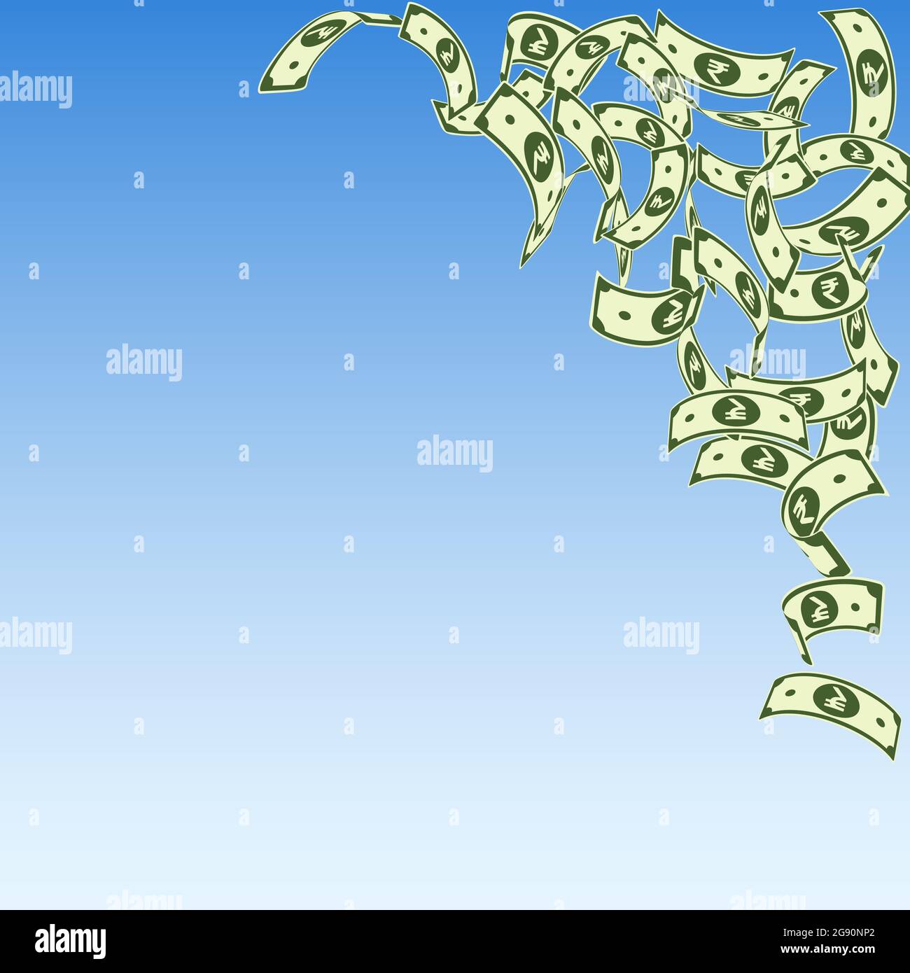 Indian rupee notes falling. Floating INR bills on blue sky background ...