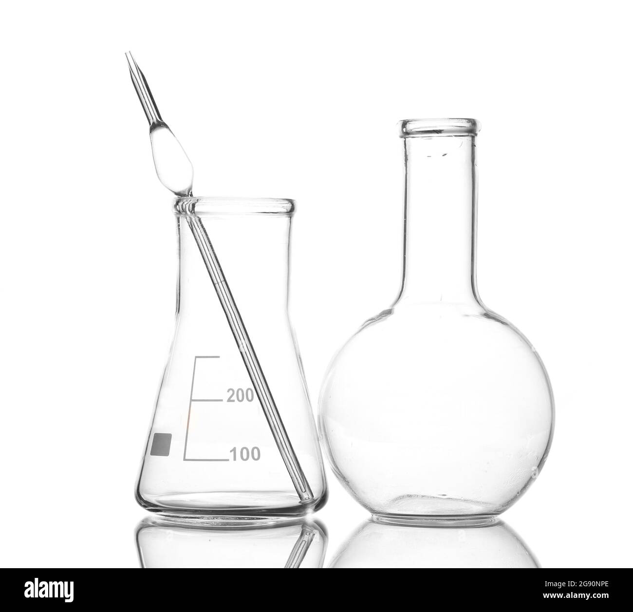 Two empty flasks with reflection isolated on white Stock Photo - Alamy