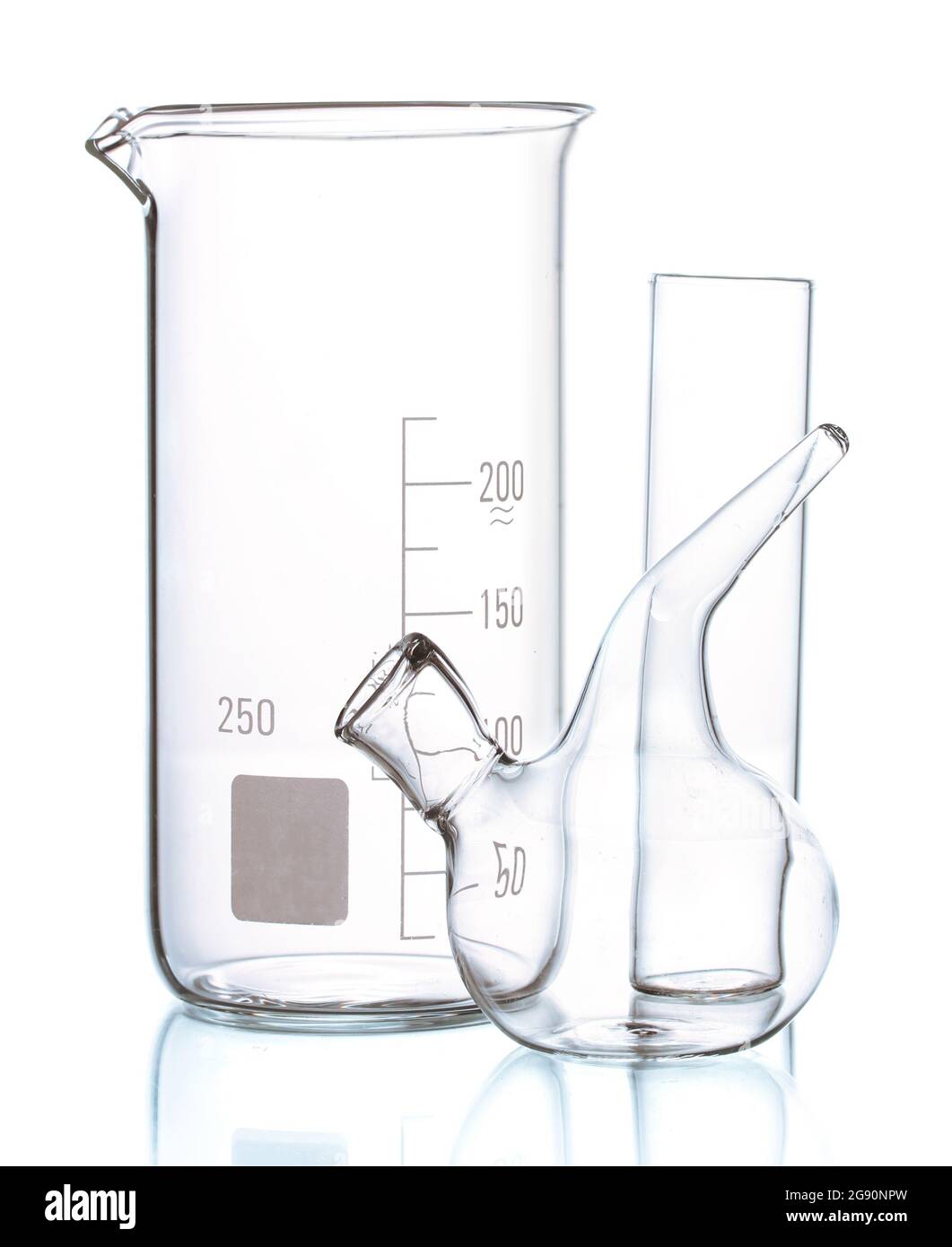 Three empty laboratory glassware with reflection isolated on white ...