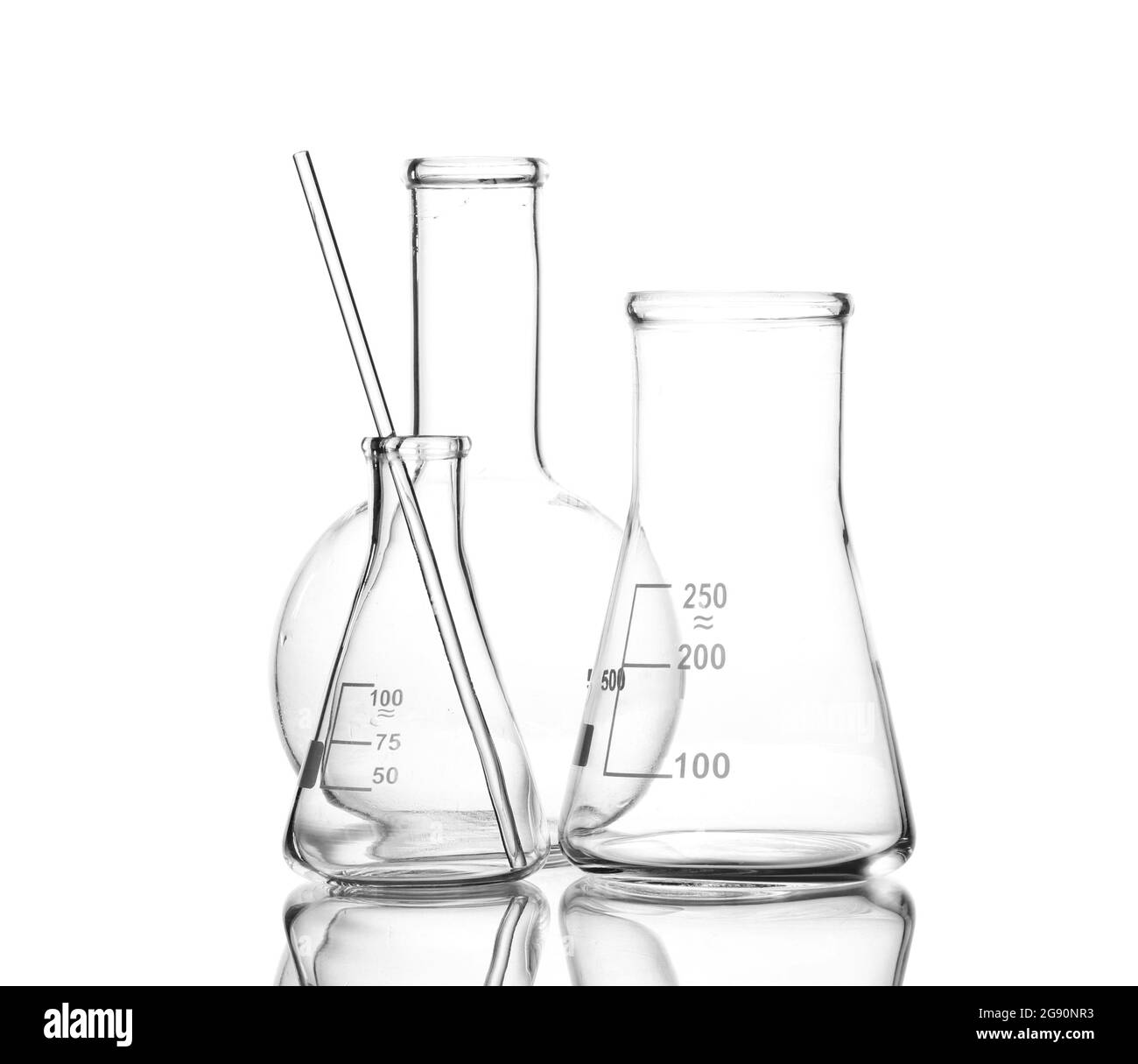 Three empty laboratory glassware with reflection isolated on white ...