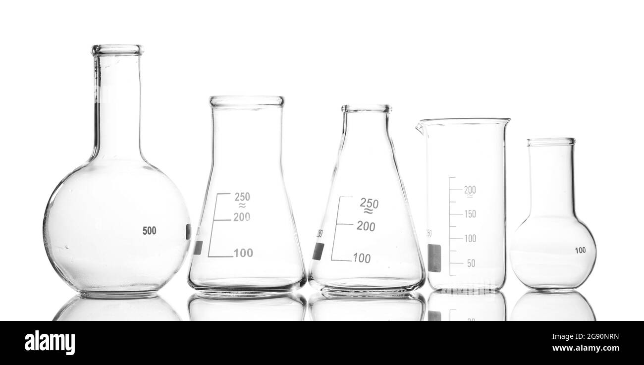 Empty laboratory glassware with reflection isolated on white Stock ...